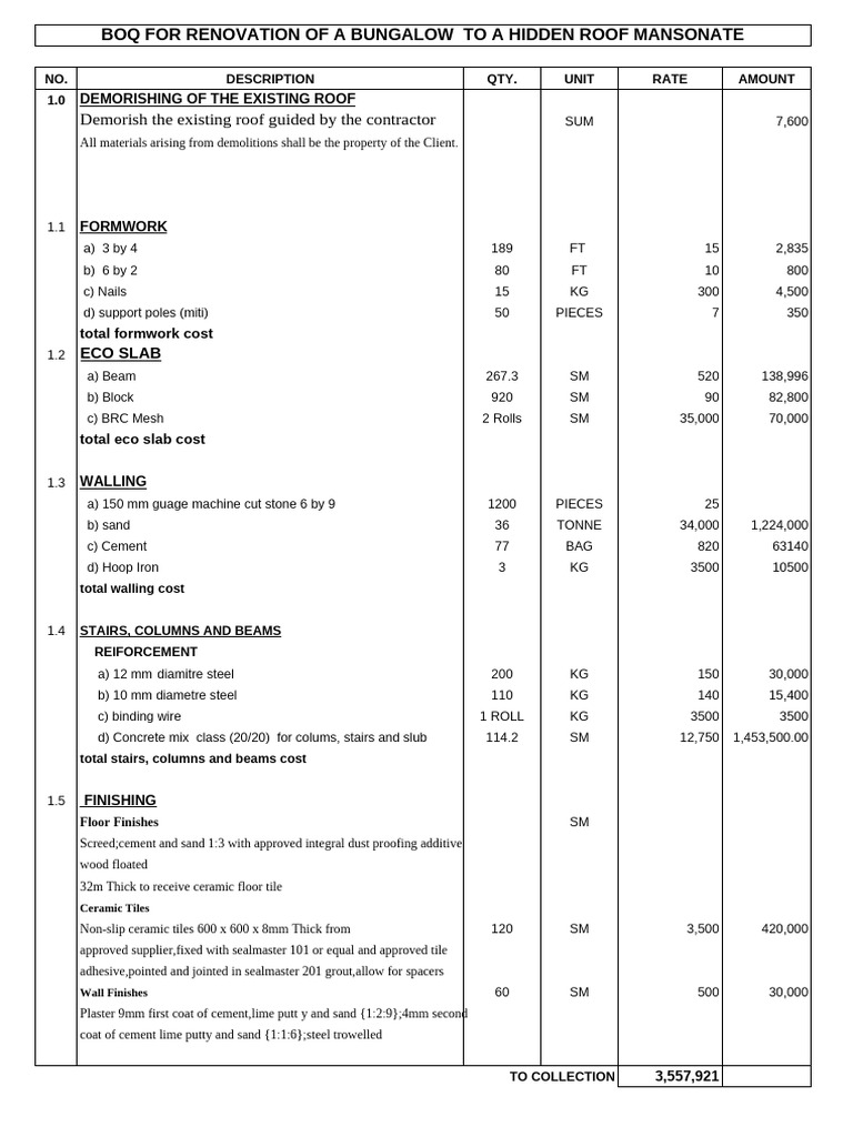 Bill of Quantities Template | PDF