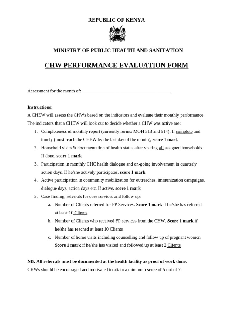 CHW Performance Evaluation Form | PDF