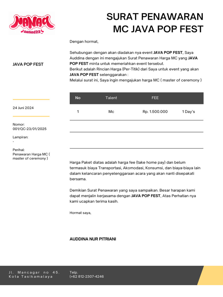 surat penawaran java pop fest 1 | PDF