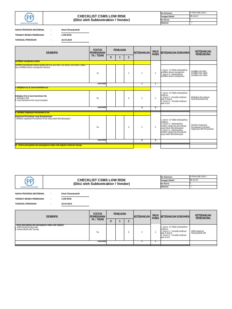 Checklist Low Risk | PDF
