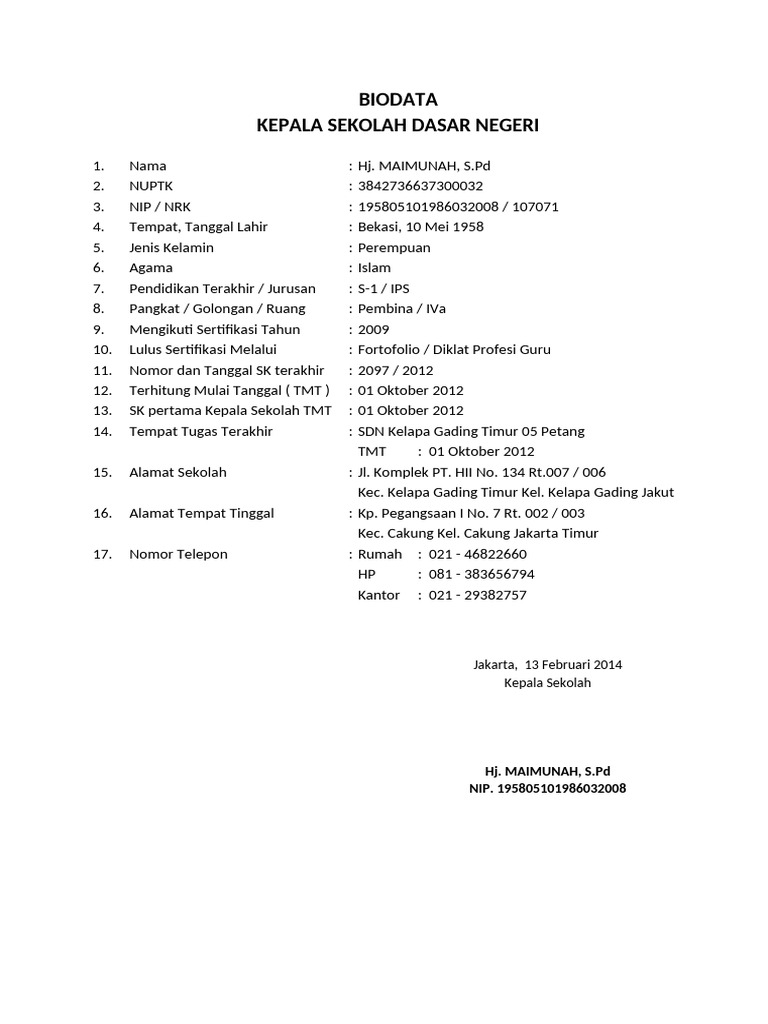 Biodata Kepala Sekolah | PDF