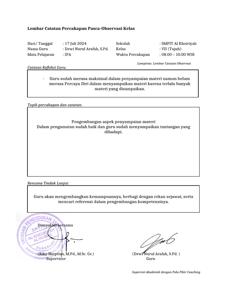 3 - Lembar Catatan Percakapan Pasca-Observasi Kelas | PDF