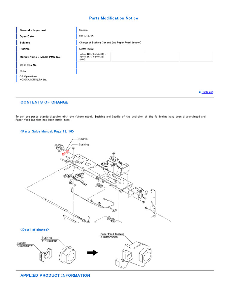 Parts Modification Notice Change of Busing Paper Feed Section | PDF