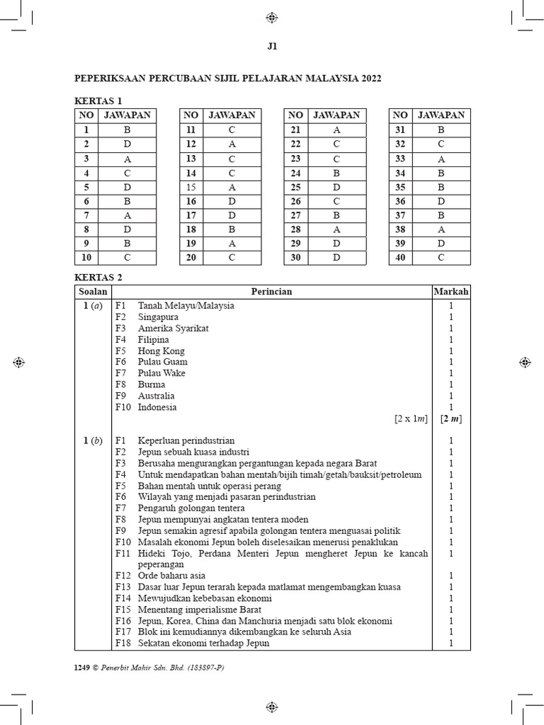 Jawapan Koleksi Kertas Percubaan SPM SBP Sejarah | PDF