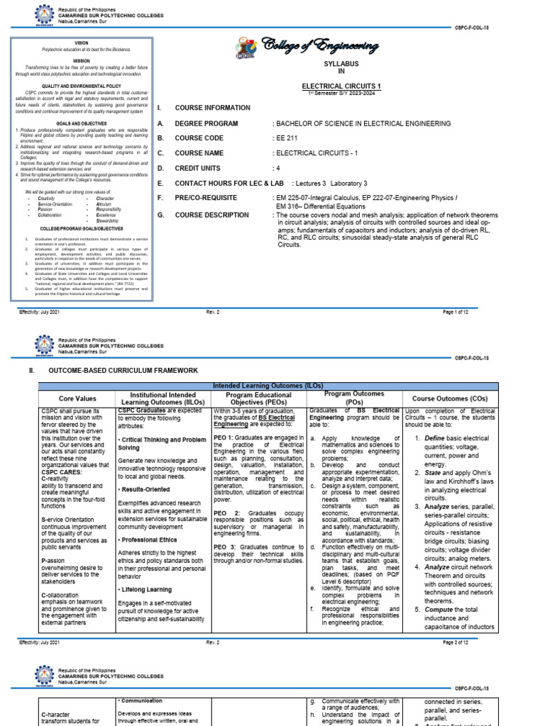 Ee111 Syllabus 2024 | PDF