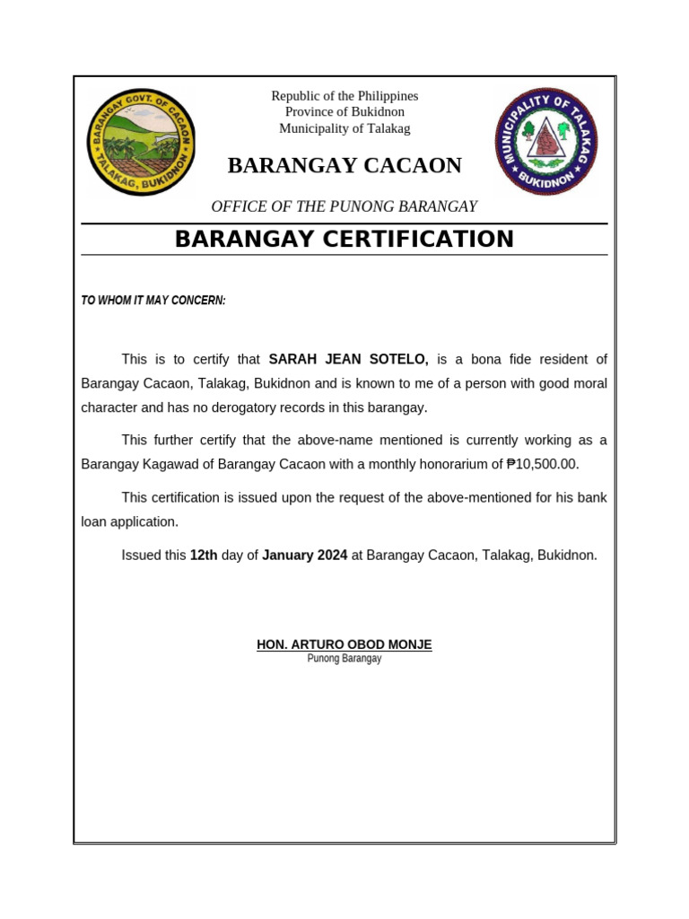 BARANGAY CERTIFICATION-bank Loan Application | PDF