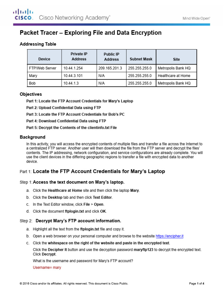 2.5.2.6 Packet Tracer - Exploring File and Data Encryption-1 | PDF ...