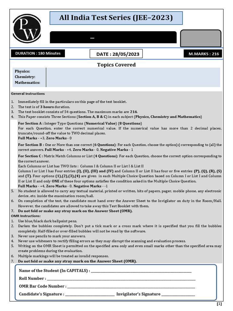 AITS 27 - Test Paper (Paper 01) - Prayas 2023 (Live) | PDF