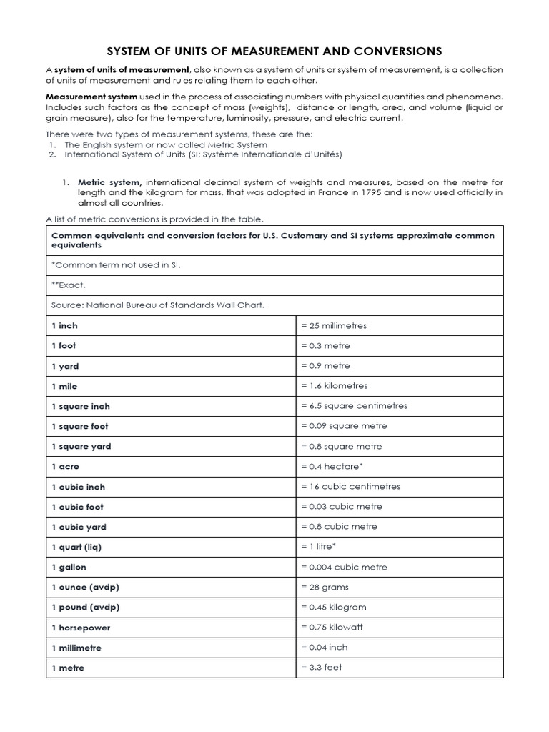 System of Units of Measurement and Conversions | PDF