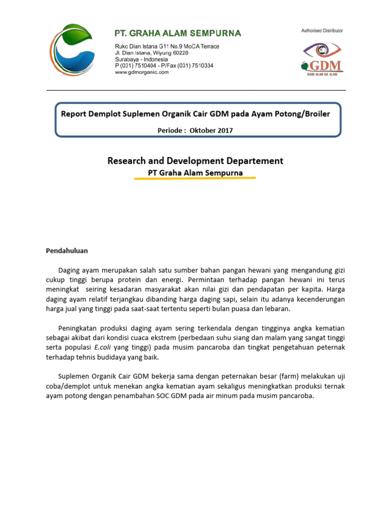 Report Demplot SOC GDM Pada Ayam Potong Bojonegoro | PDF