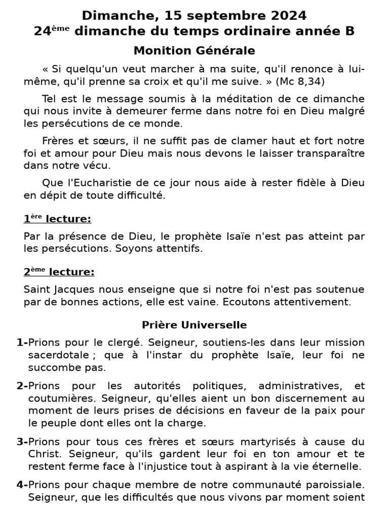 24ème Dimanche Du Temps Ordinaire Année B | PDF