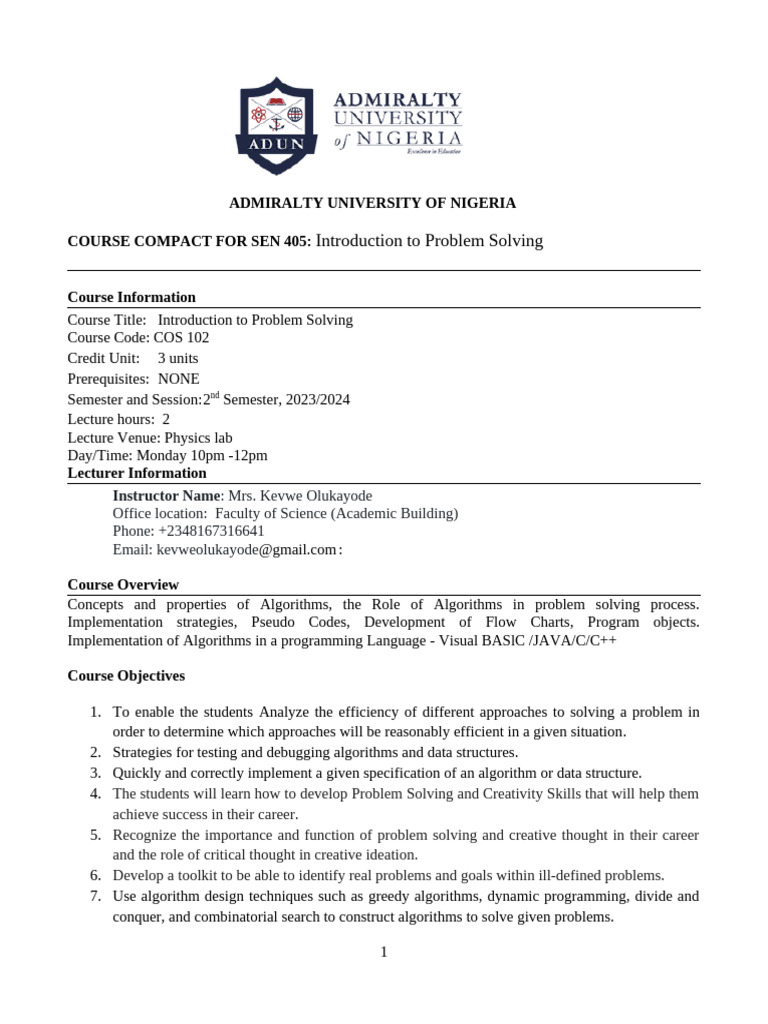 Cos 102 Course Compact | PDF | Algorithms | Career & Growth