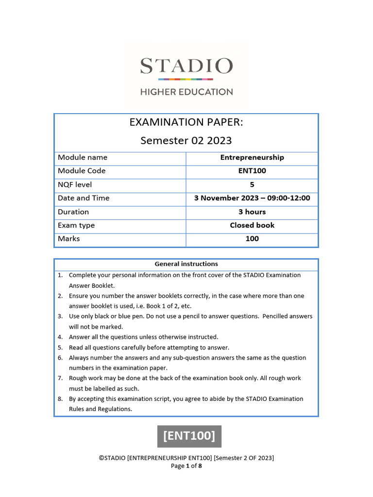ENT100 2023 02 Exam Paper | PDF