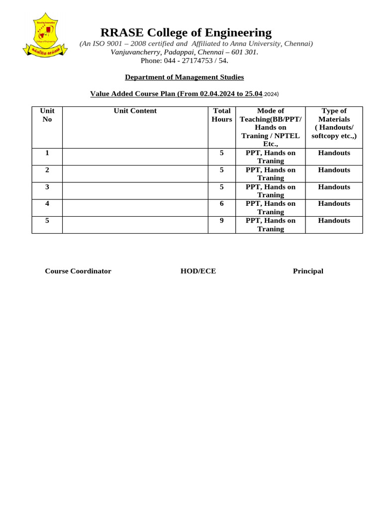 Value Added Course Plan Pdf