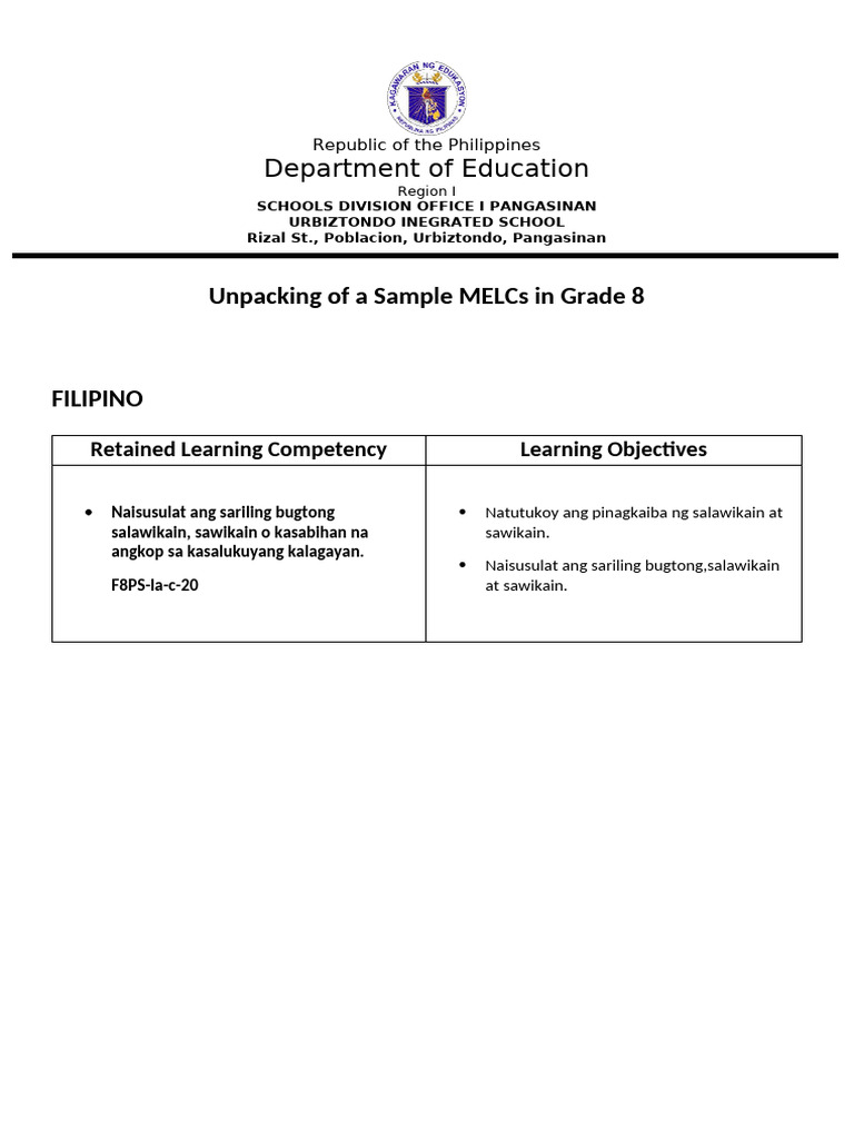 Unpacking of A Sample MELC in Filipino 8 | PDF
