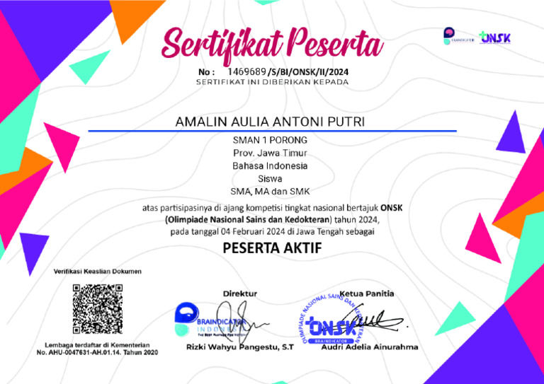 Cert - Bahasa Indonesia - OnSK 2024 | PDF