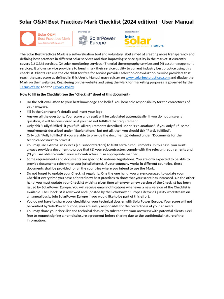 Solar Om Best Practices Mark Checklist 2024 Edition 5 3 | PDF