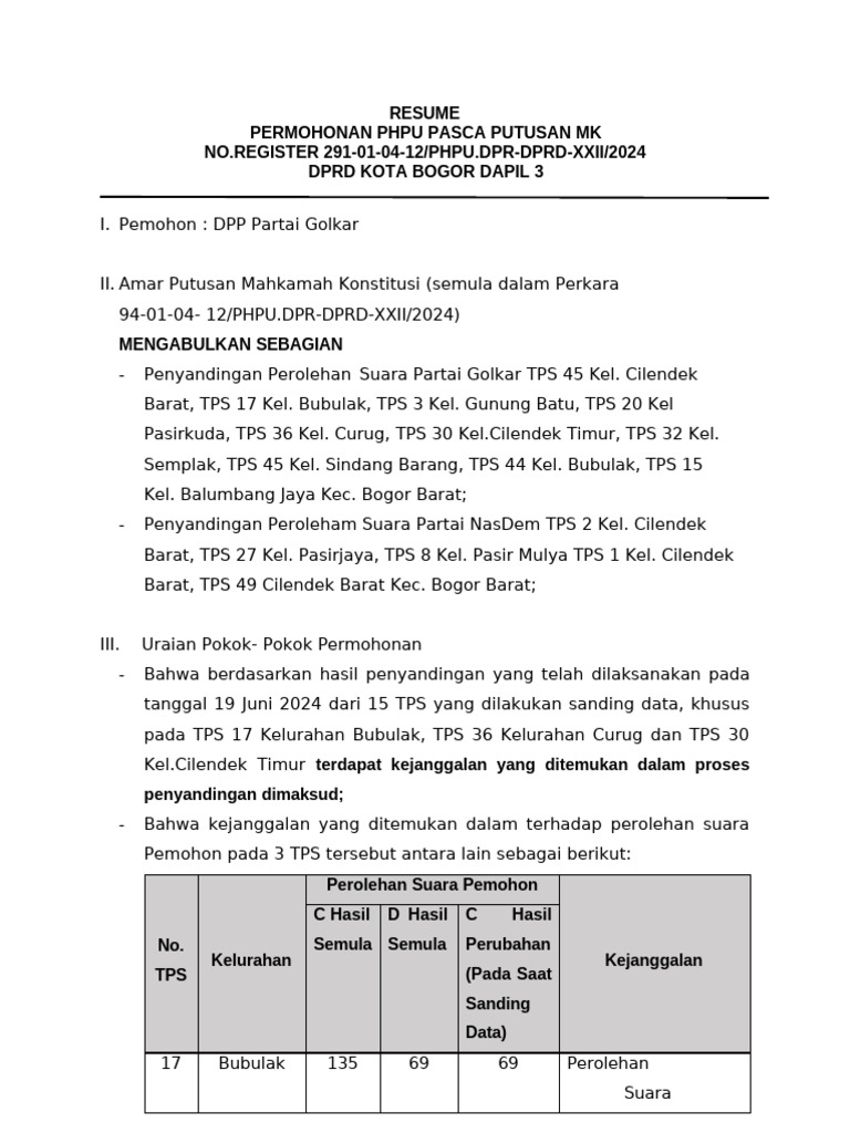 RESUME PERMOHONAN PERKARA NO 291 | PDF