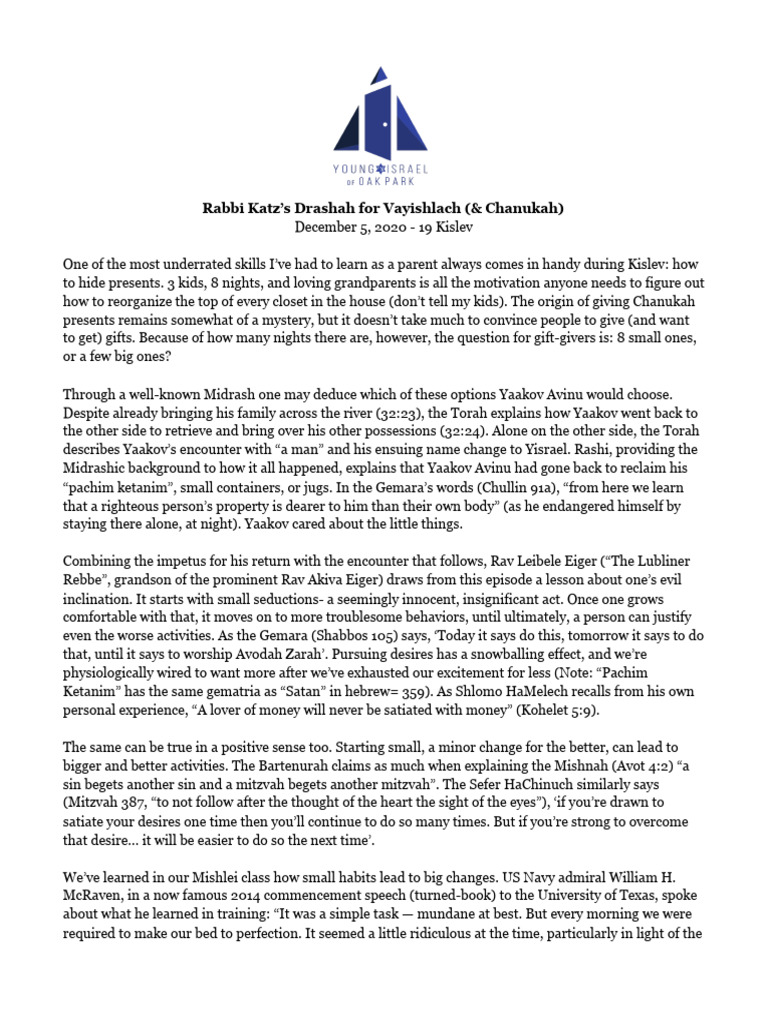 Rabbi Katzs Drashahfor Vayishlach Chanukah | PDF