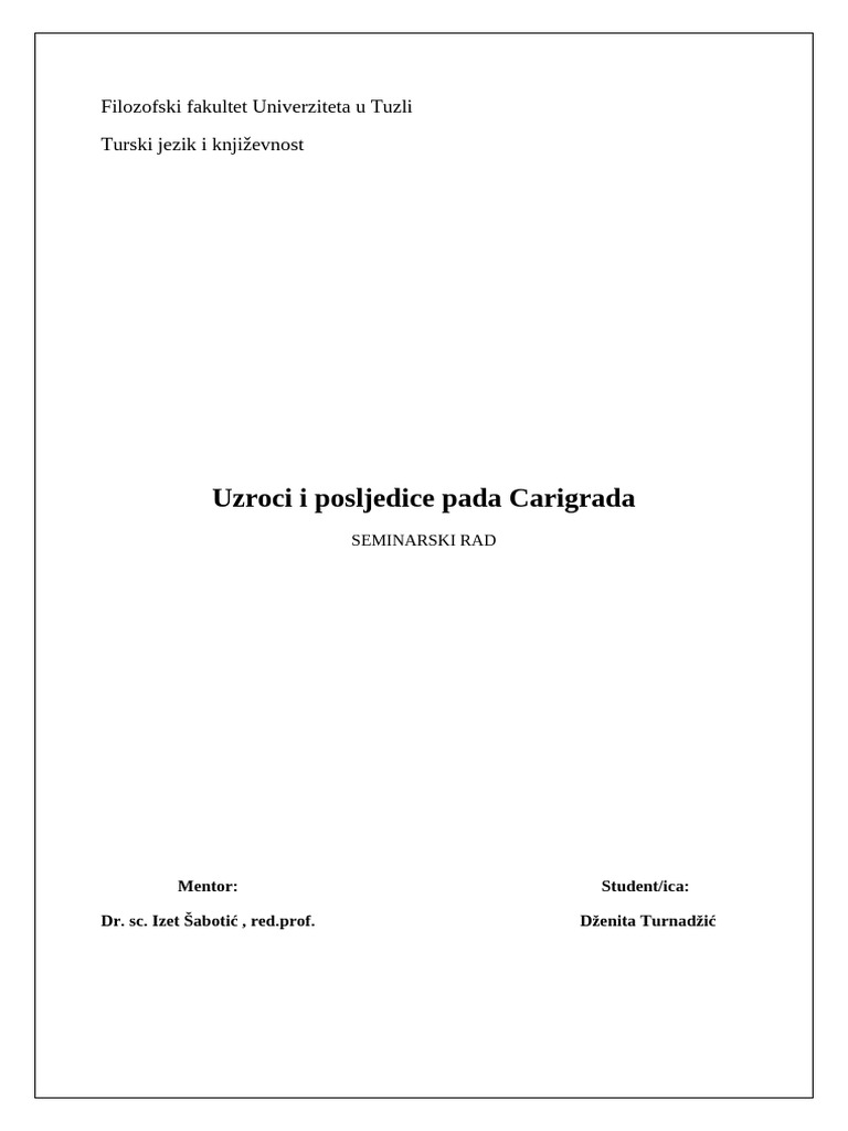 Uzroci I Posljedice Pada Carigrada | PDF