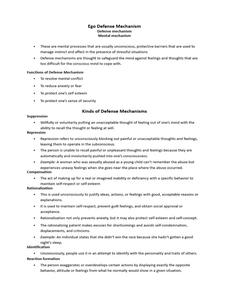 Ego Defense Mechanism | PDF