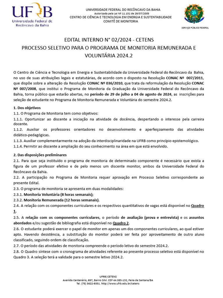 Edital Do Programa de Monitoria 2024.2 - CETENS | PDF