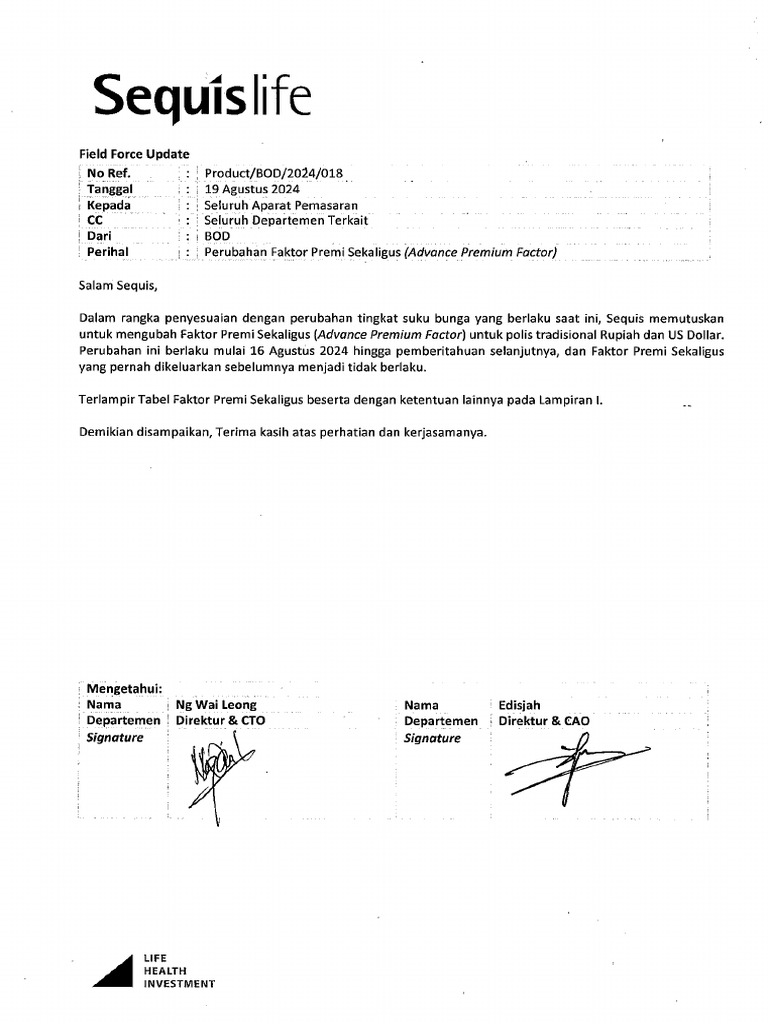 Perubahan Faktor Premi Sekaligus (Advance Premium Factor) - FFU No. Ref Product - BOD.2024.018 | PDF