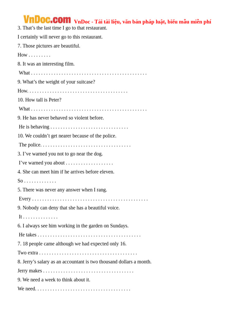 490 Bai Tap Viet Lai Cau Tieng Anh Cuc Hay Co Dap An | PDF