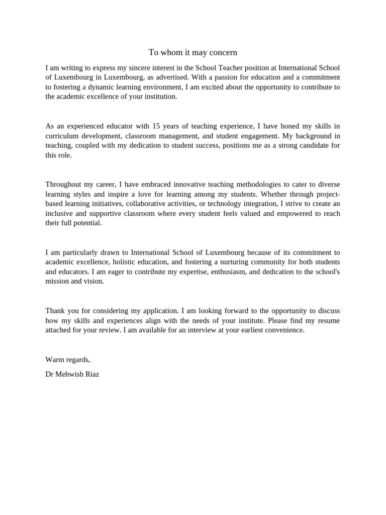 Motivation Letter of School Teacher | PDF