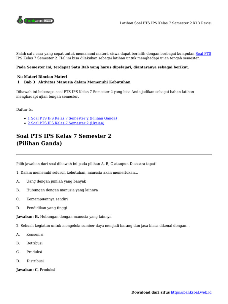 Latihan Soal PTS IPS Kelas 7 Semester 2 K13 Revisi | PDF