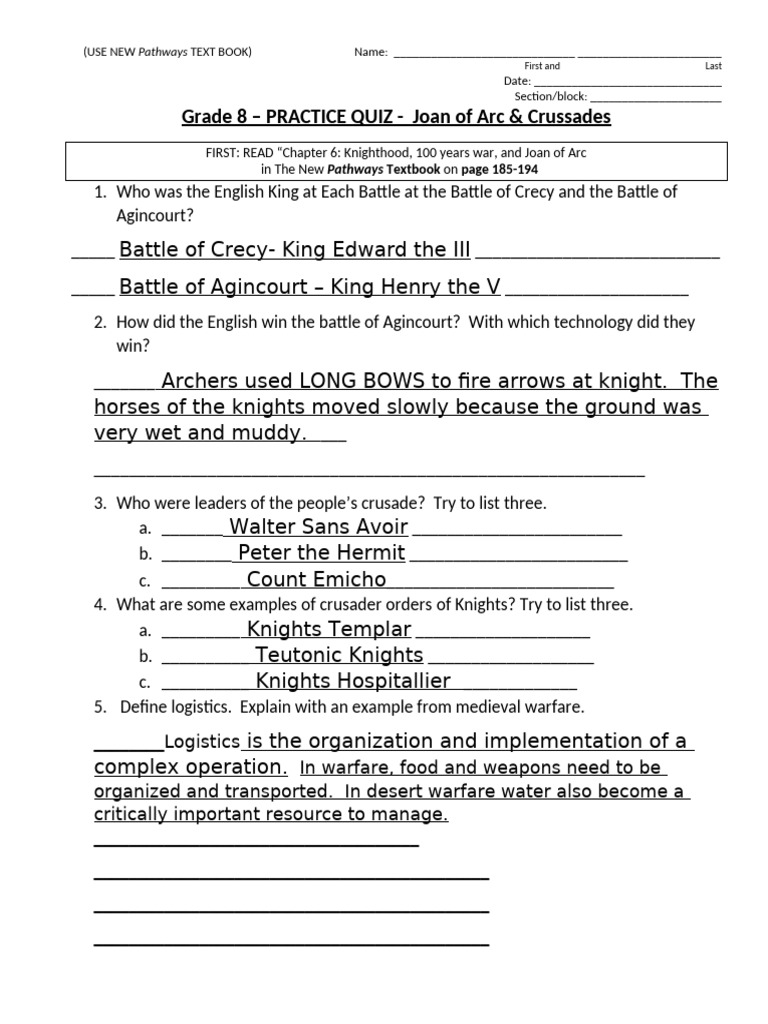 s8 PRACTICE Quiz KEY2021 2b JoanofArc Crusades | PDF