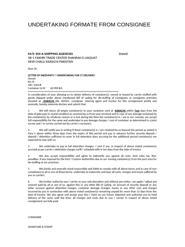 Ema Undertaking For Cycy CNTR | PDF