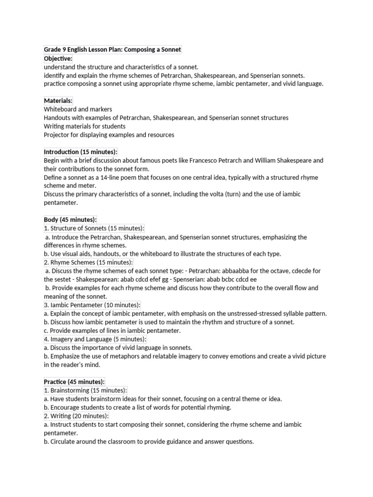 Grade 9 English Lesson Plan | PDF | Sonnets | Language Arts & Discipline