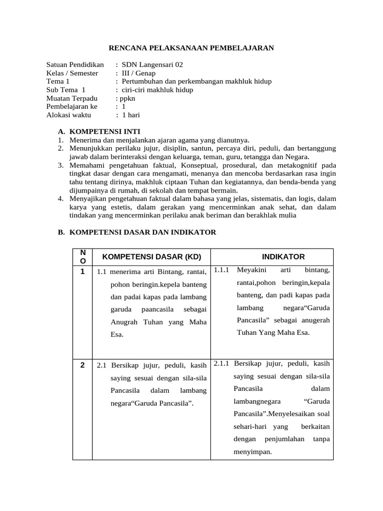 RPP PPKN Kelas 3 Tema 1 Subtema 1 PB 1 | PDF
