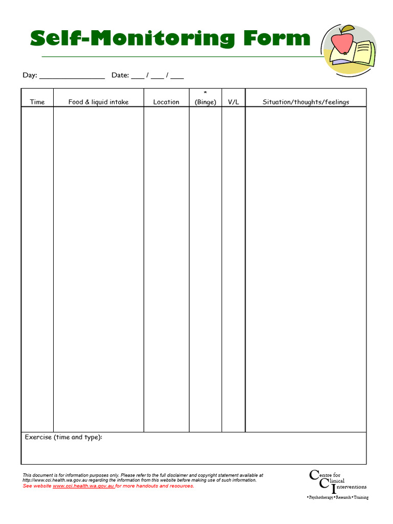 Eating Disorders Worksheet - 03 - Self-Monitoring Form | PDF