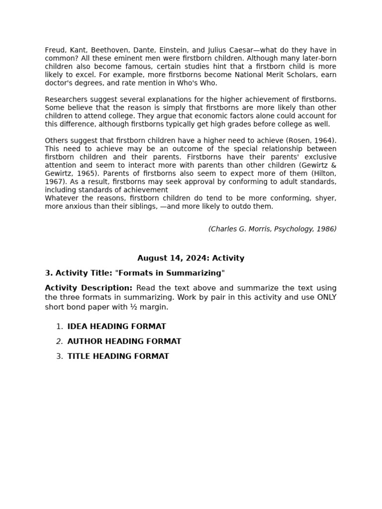 Summarizing and Thesis Statement Activity | PDF | Bat | Self-Improvement