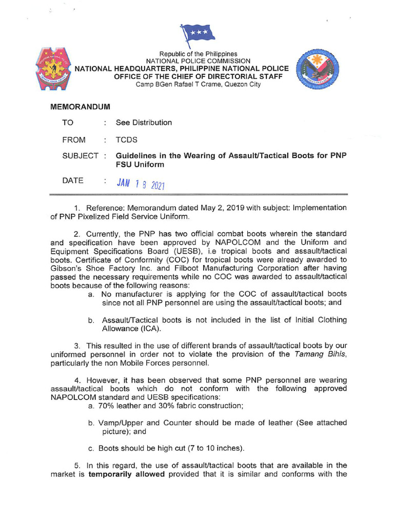Guidelines in The Wearing of Assault or Tactical Boots For PNP FSU ...