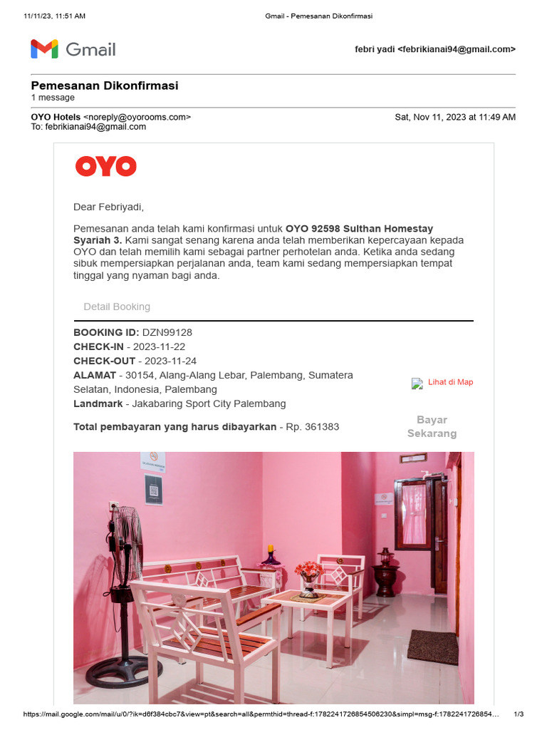 Gmail - Pemesanan Dikonfirmasi - 1 Kamar 2 Orang | PDF
