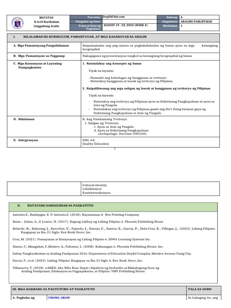 DLL Matatag - Araling Panlipunan 4 Q1 W4 | PDF