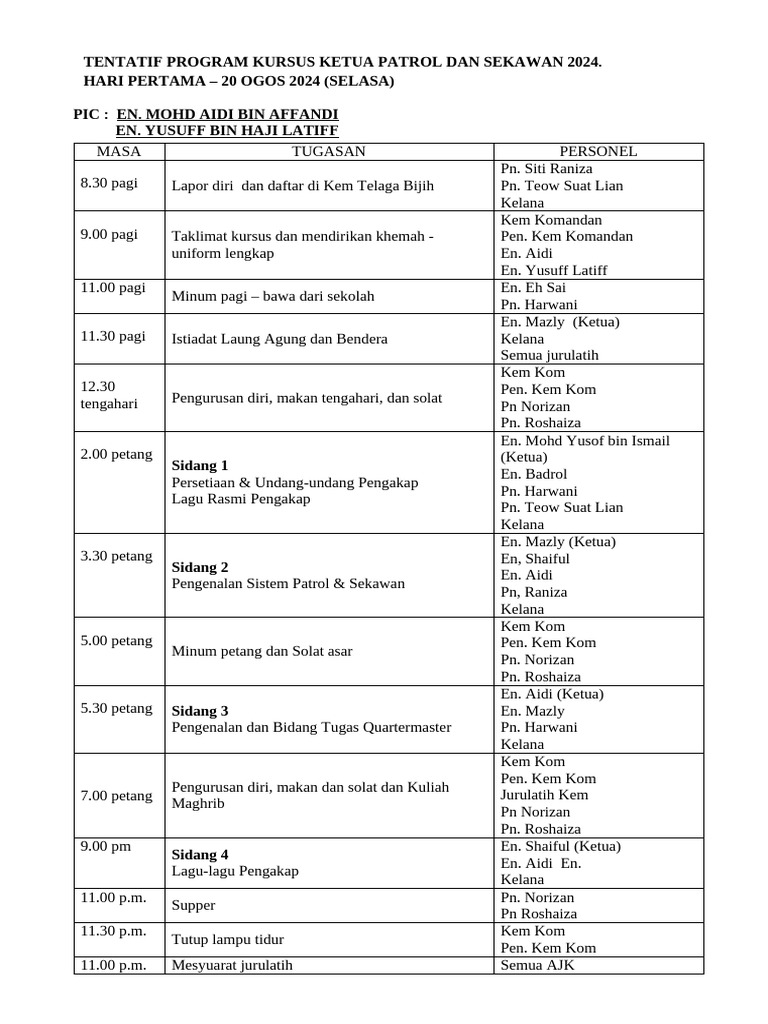 Atur Cara Program Kursus Ketua Patrol Dan Sekawan 2024 | PDF