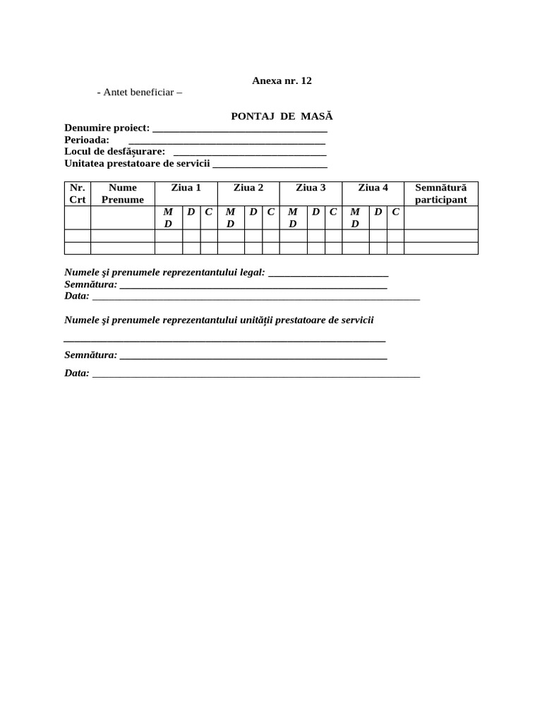 Anexa 12 - Model Pontaj de Masă - Ghid Programe Sportive | PDF