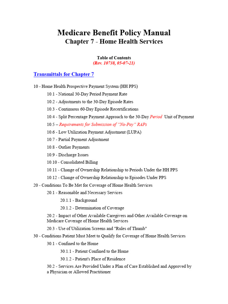 Medicare Benefit Policy Manual: Chapter 7 - Home Health Services | PDF