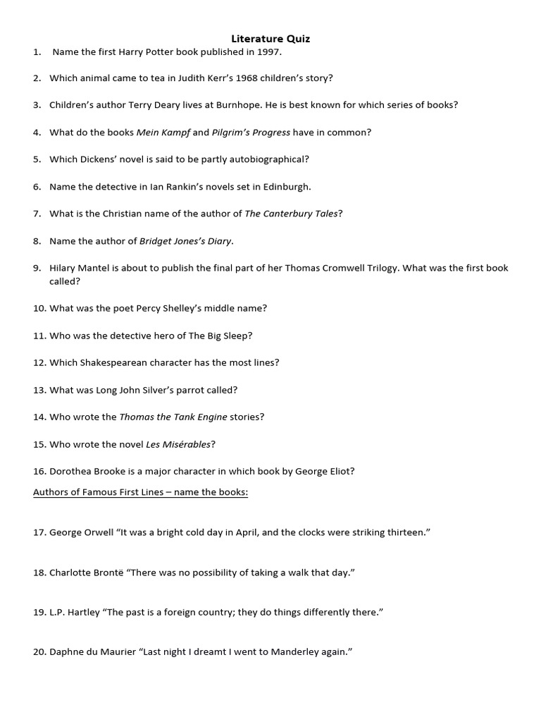 Literature Quiz Questions | PDF
