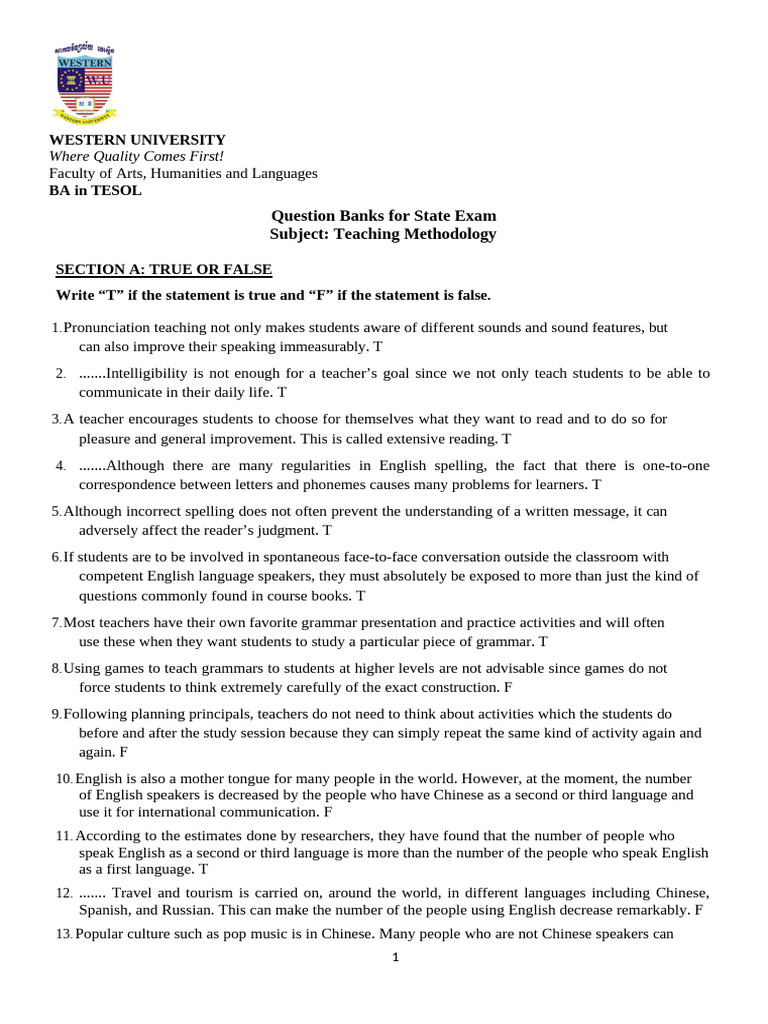 Question Bank - Teaching Methodology 2024 | PDF