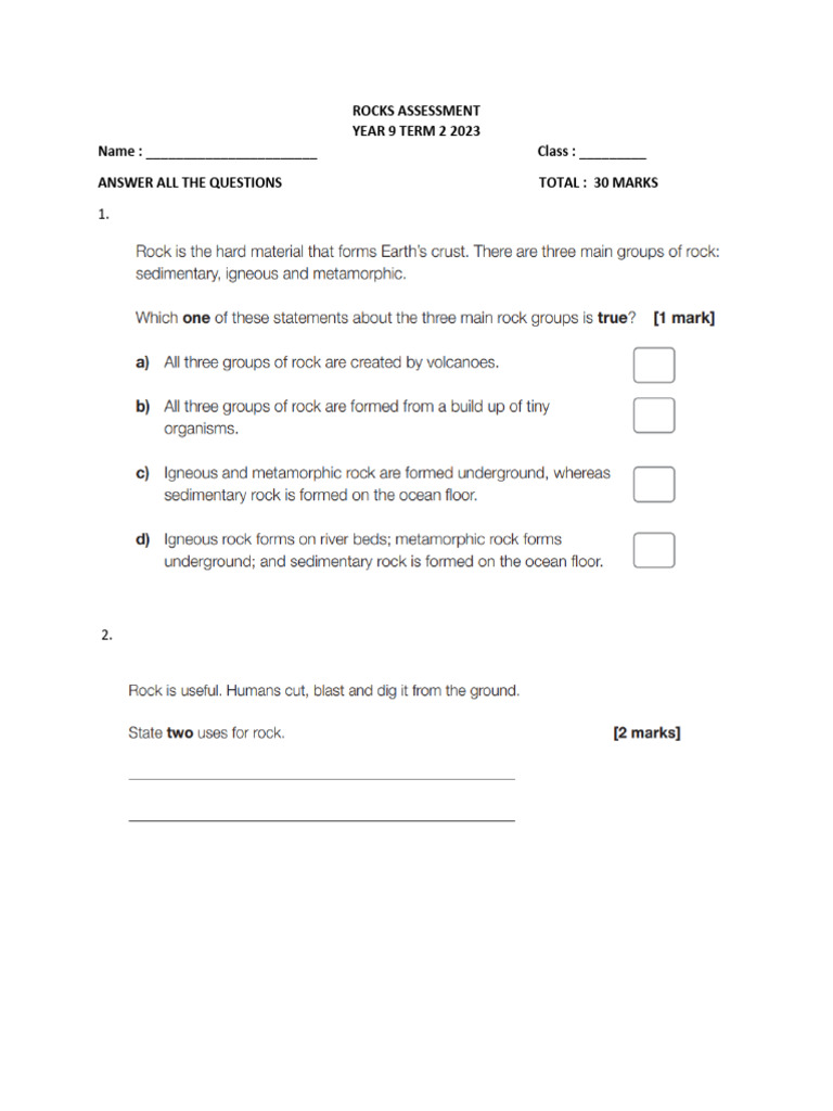 Rocks Assessment T2a1 | PDF