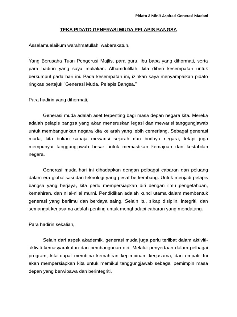 Teks Pidato Generasi Muda Pelapis Bangsa | PDF