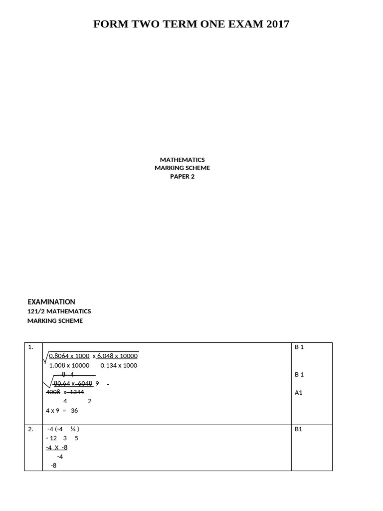 Mathematics Paper 2 Marking Scheme Form 3 Term 1 Exam 2017 | PDF