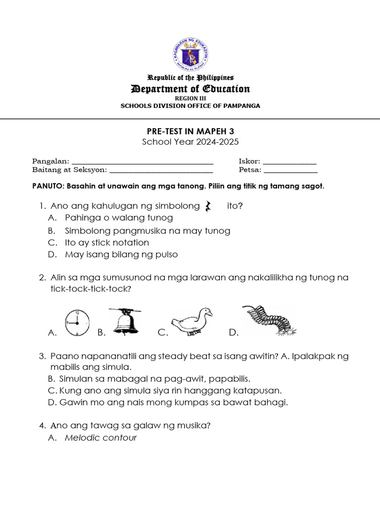 Pre-Test MAPEH 3 for SY 2024-2025 | PDF | Puppets | Oral Literature