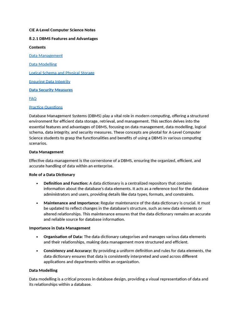 CIE A-Level Computer Science Notes - 8.2.1 DBMS Features and Advantages ...