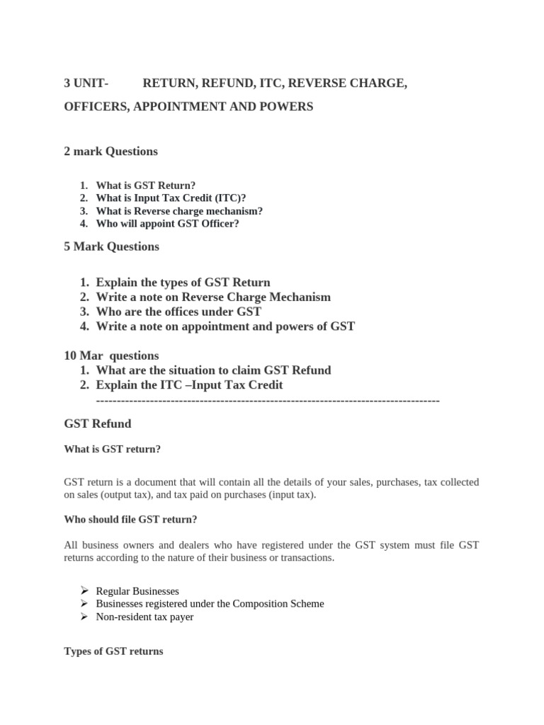 Unit 3-Return, Refund, ITC, Reverse Charge, Officers | PDF